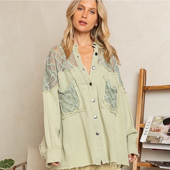 Tops | 34 Pol Clearance Lace Olive Green Mixed Fabric Gauze Button ...